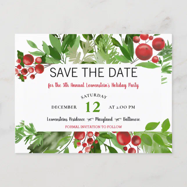Festive Red Christmas Holiday Party Save The Date Announcement Postcard ...