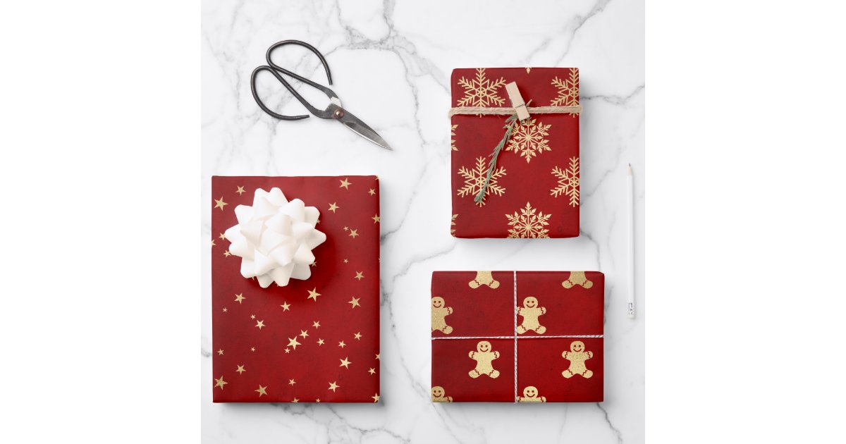 Festive Red & Gold Foil Winter Christmas Patterns Wrapping Paper Sheets ...