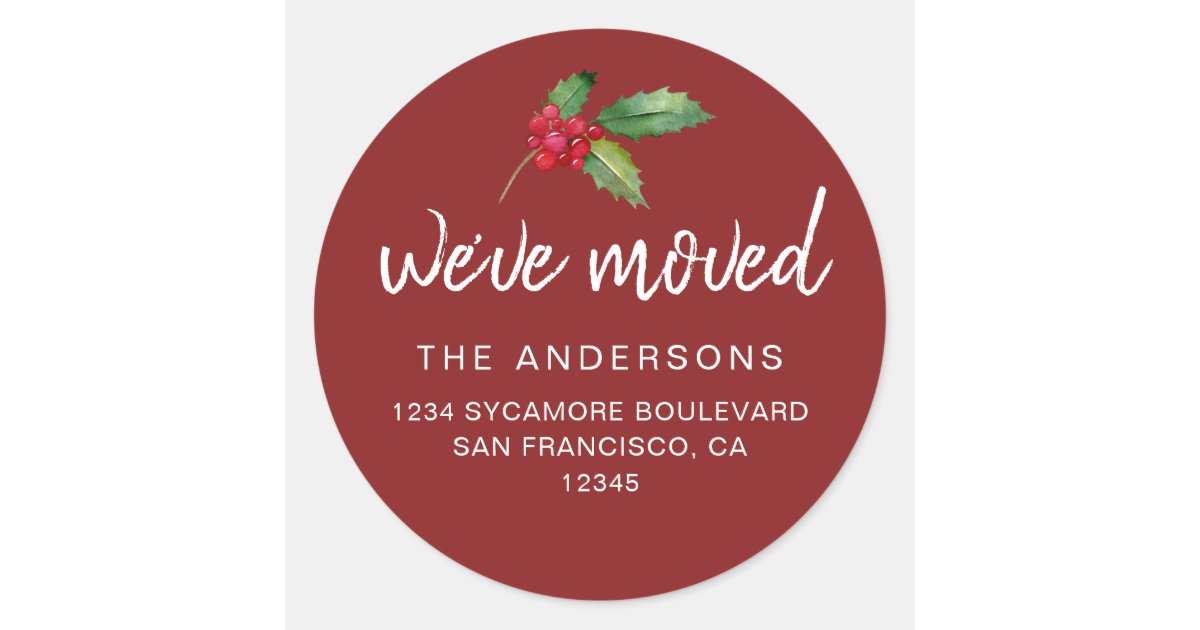 Festive Red Holly We’ve Moved Holiday Classic Round Sticker | Zazzle