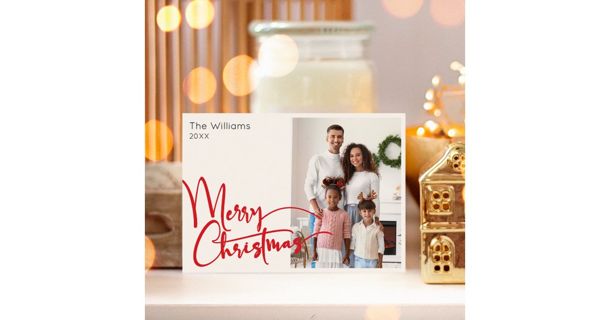 Festive Red Script Merry Christmas One Photo Holiday Card | Zazzle