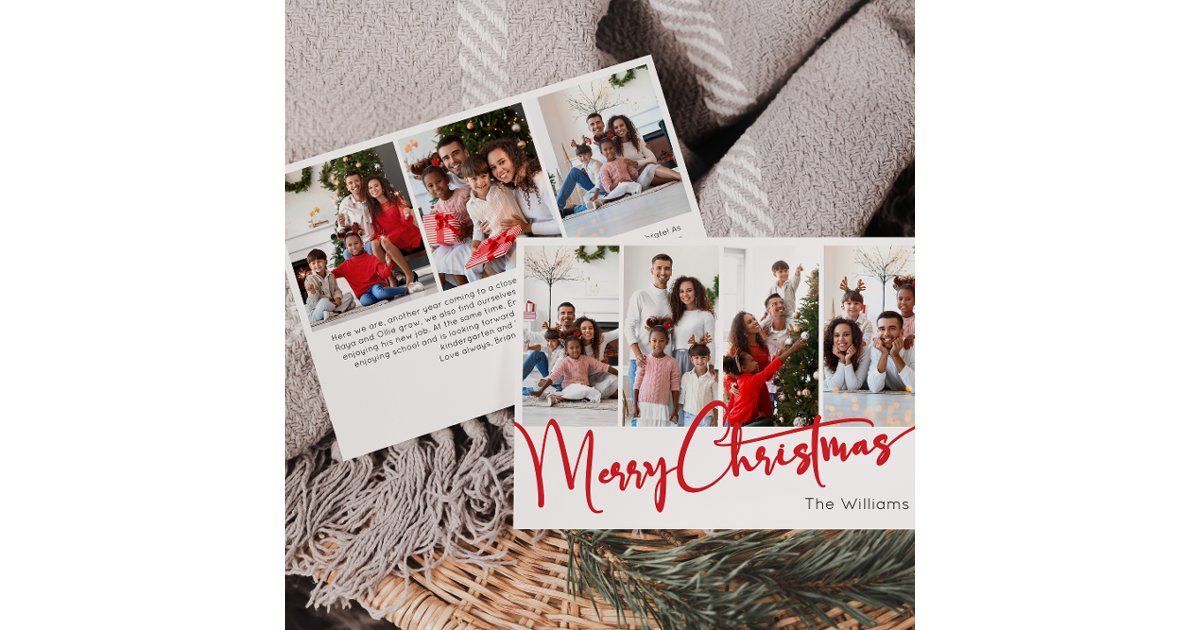 Festive Red Script Merry Christmas Seven Photo Holiday Card | Zazzle