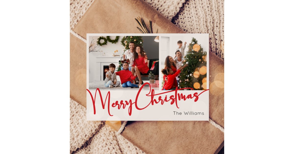 Festive Red Script Merry Christmas Two Photo Holiday Card | Zazzle