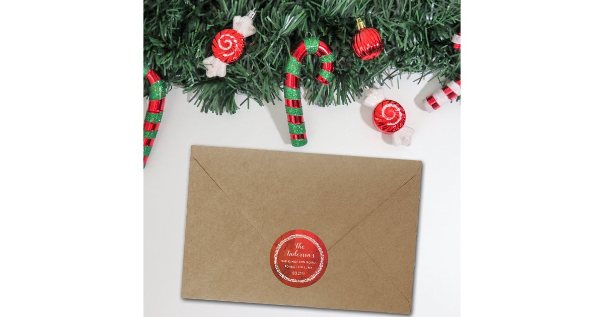 Festive Red & White Custom Return Address Classic Round Sticker | Zazzle