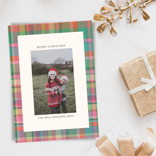 Festive Retro Christmas Plaid Cute Preppy Photo Holiday Card | Zazzle