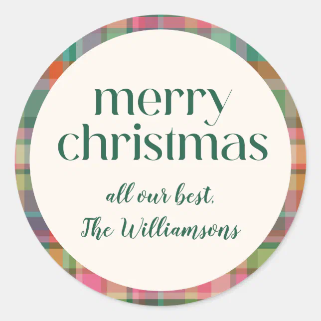 Festive Retro Christmas Plaid Cute Preppy Script Classic Round Sticker ...