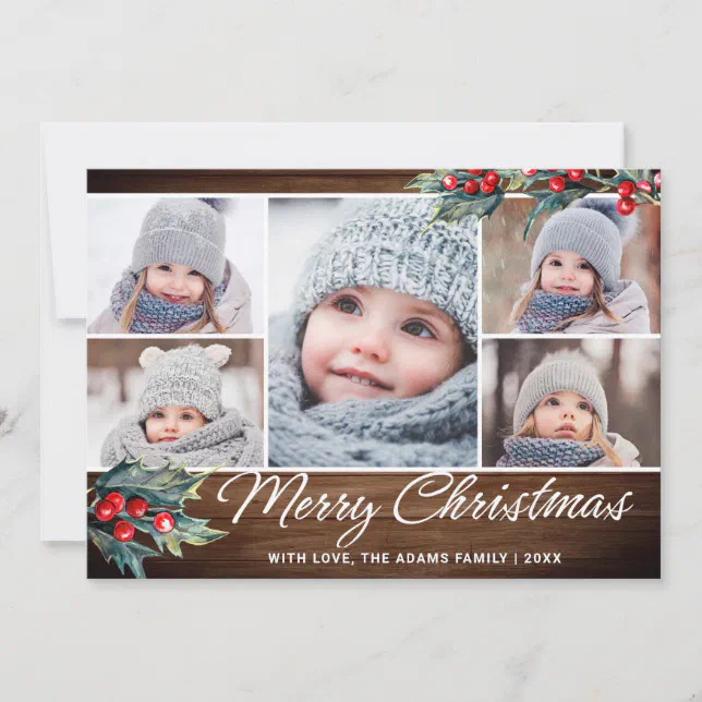 Festive Rustic Christmas 5 PHOTOS Greetings Holiday Card | Zazzle