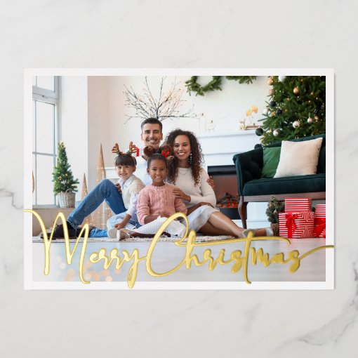 Festive Script Full Photo Merry Christmas Gold Foil Holiday Card | Zazzle