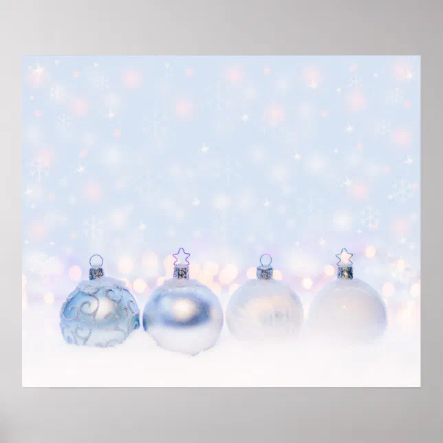 Festive Silver Christmas Balls on Snow Poster | Zazzle