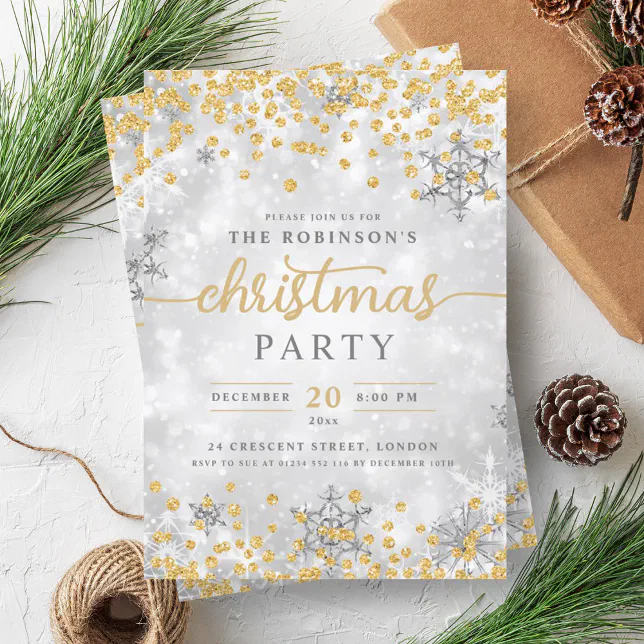 Festive Silver Winter Diamonds Christmas Gold Invitation | Zazzle