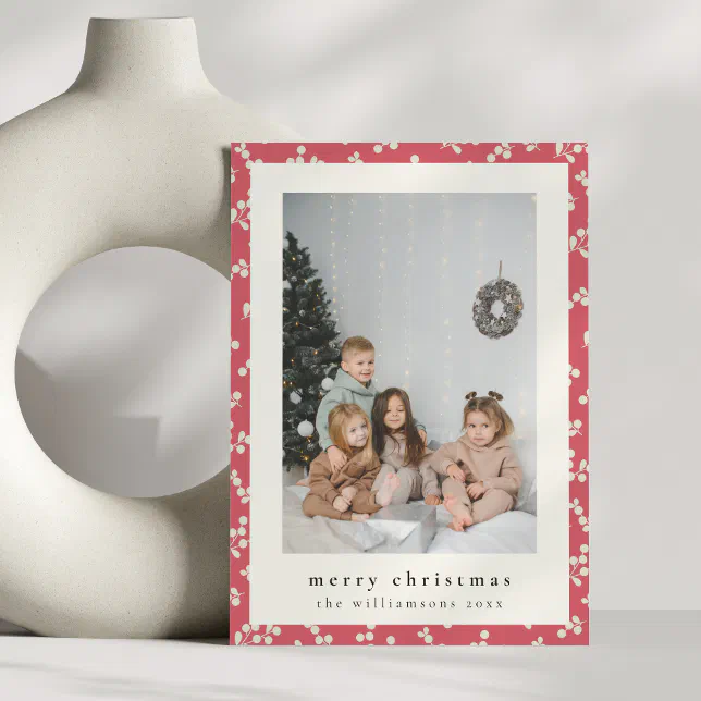 Festive Simple Red Floral Vertical Photo Christmas Holiday Card | Zazzle