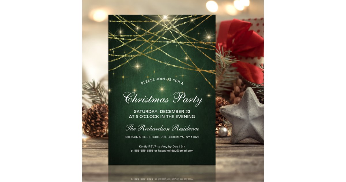 Festive Sparkly Gold String Lights Christmas Party Invitation | Zazzle