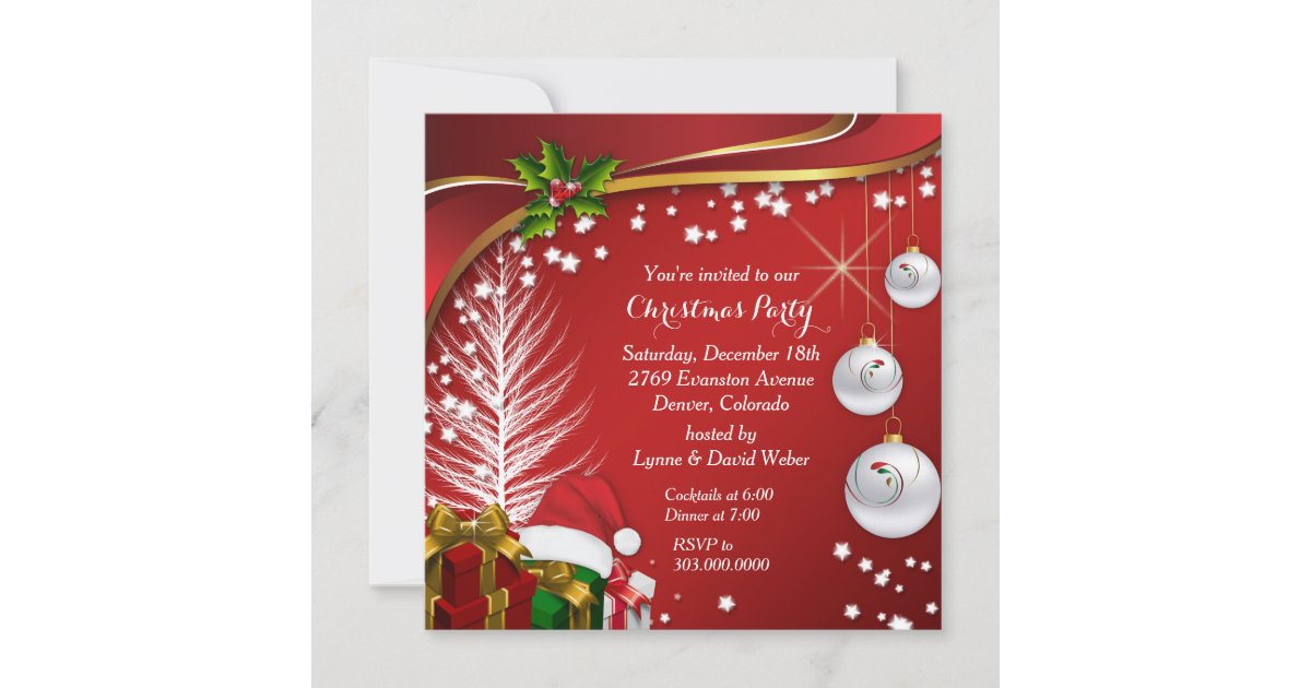 Festive Stars Red Christmas Party Invitation | Zazzle