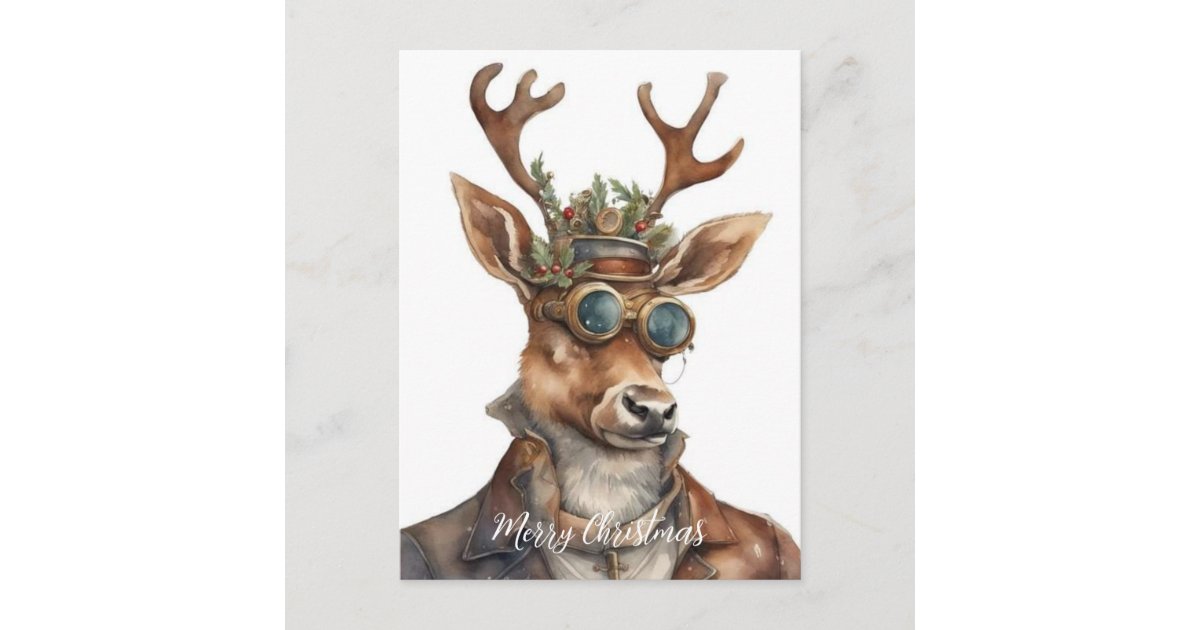 Festive Steampunk Christmas Reindeer Postcard | Zazzle