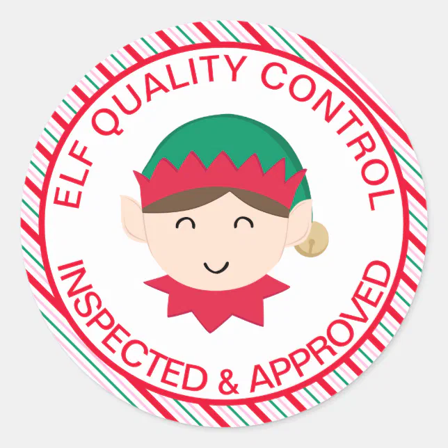 Festive Stripe Elf Quality Control Classic Round Sticker | Zazzle