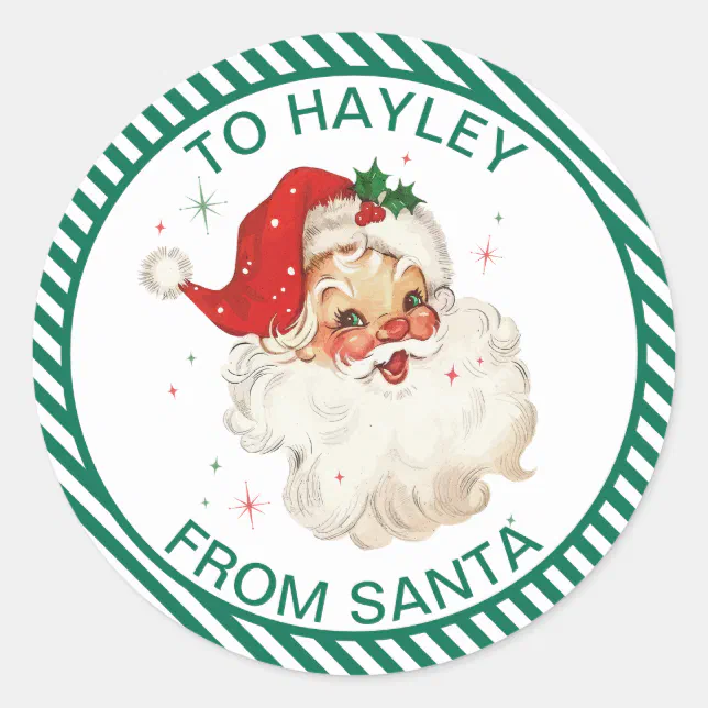 Festive Stripe Green From Santa Gift Classic Round Sticker | Zazzle