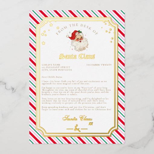 Festive Stripe Letter From Santa Foil Card | Zazzle