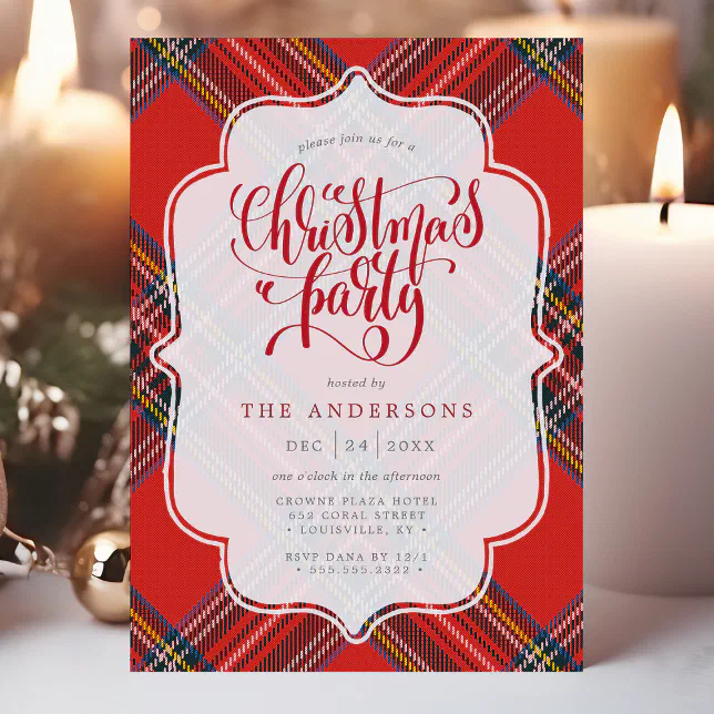 Festive Tartan Plaid Red Christmas Party Invitation | Zazzle