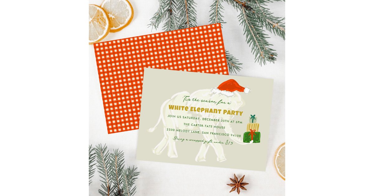 Festive White Elephant Party Illustrated Invitation | Zazzle