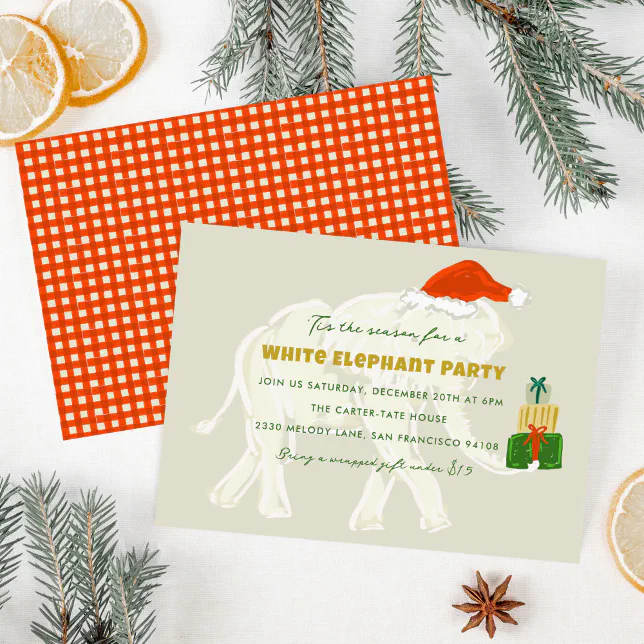 Festive White Elephant Party Illustrated Invitation | Zazzle