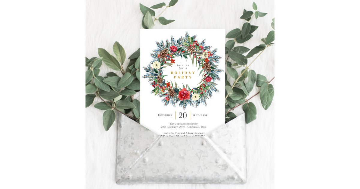 Festive Wreath Holiday Party Invitation | Zazzle