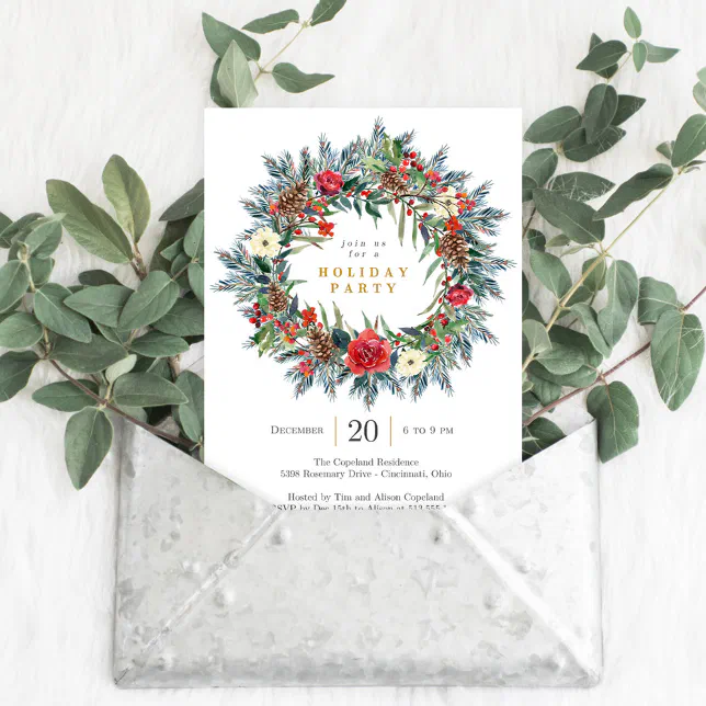 Festive Wreath Holiday Party Invitation | Zazzle