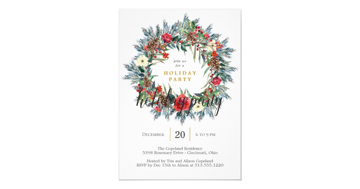 Festive Wreath Holiday Party Invitation | Zazzle.com