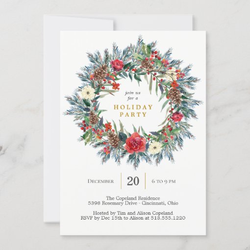 Festive Wreath Holiday Party Invitation | Zazzle