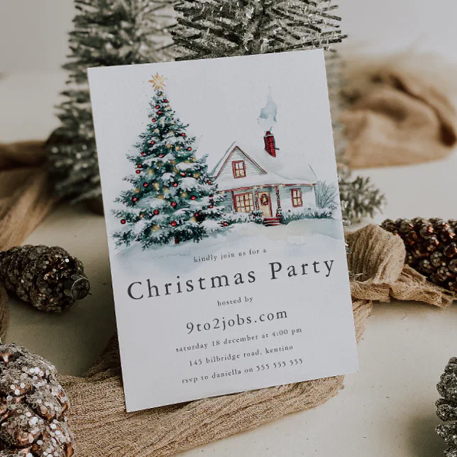Festive Xmas Tree & Snow Corporate Christmas Party Invitation | Zazzle