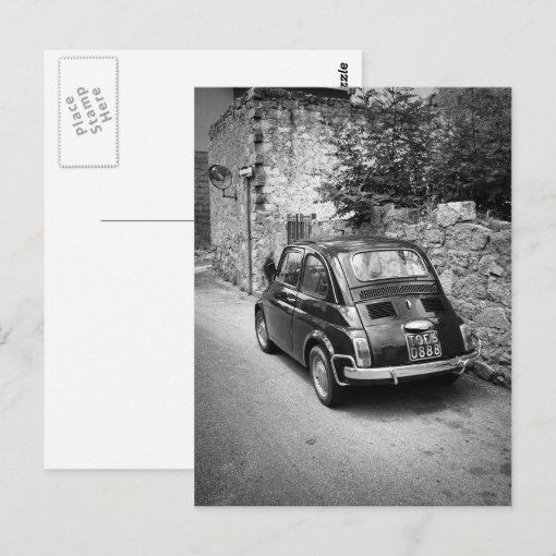 FIAT 500 car in black and white Postcard | Zazzle