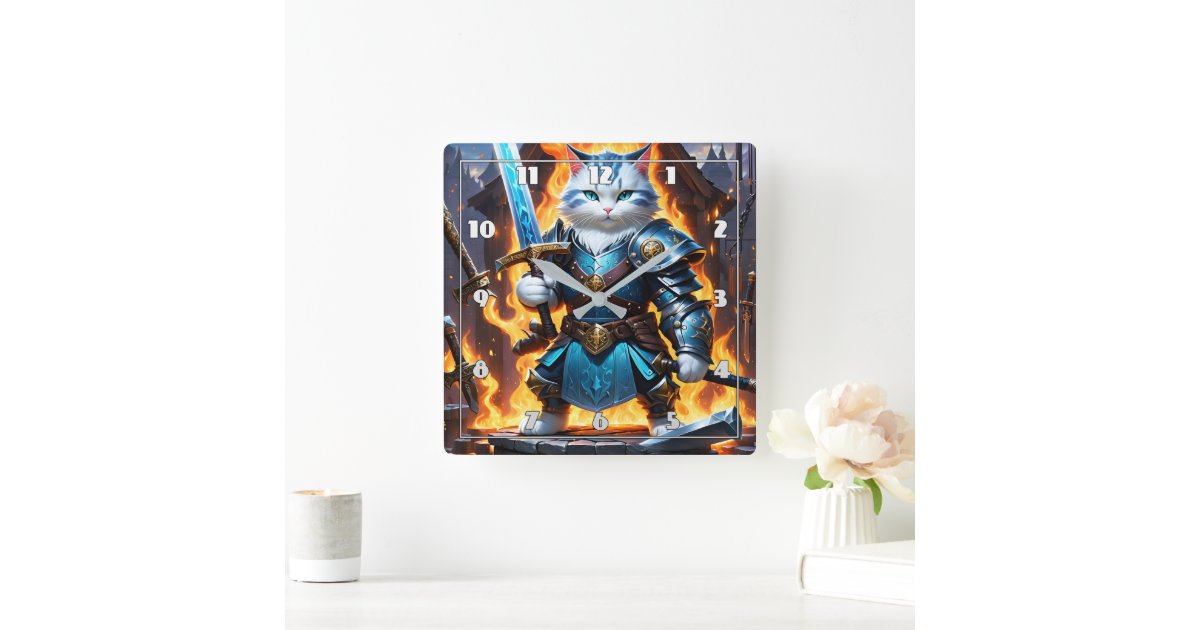 Fierce Cat Warrior in Battle Armor With Sword Square Wall Clock | Zazzle