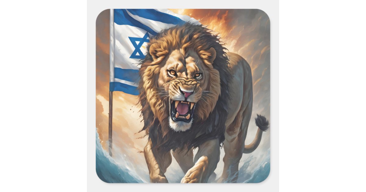 Fierce Lion With Israeli Flag Square Sticker | Zazzle