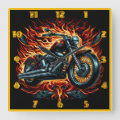 Fierce motorcycle with flames during sunset ride square wall clock | Zazzle