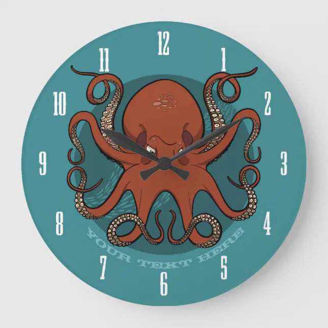 Fierce Red Octopus Tentacles Cartoon With Text Large Clock | Zazzle
