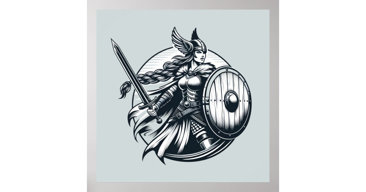 Fierce Valkyrie Warrior – Norse Mythology Line Art Poster | Zazzle