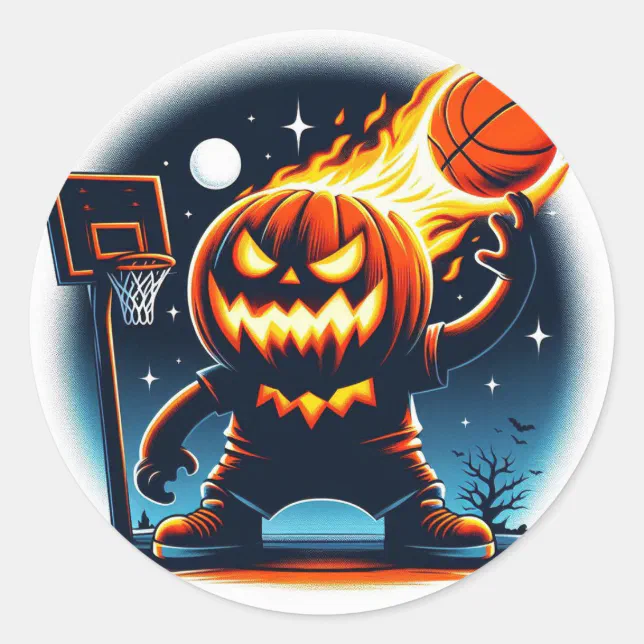 Fiery Basketball Pumpkin: Halloween Night Sports Classic Round Sticker ...