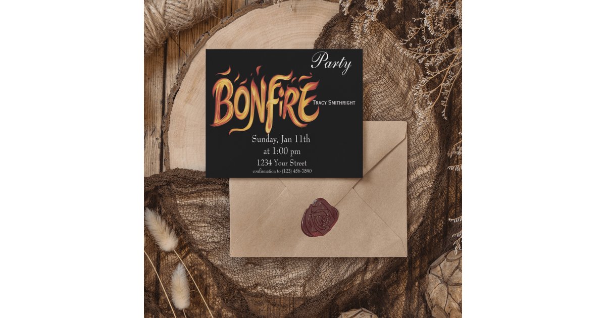 Fiery Bonfire Word Art Invitation | Zazzle