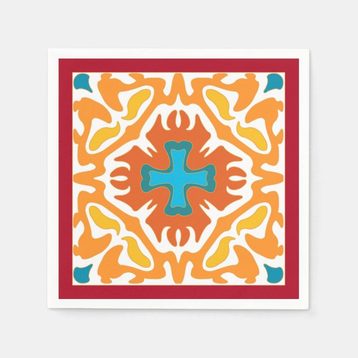 Fiery Orange Spanish Tile with Blue Accents Paper Napkins | Zazzle.com
