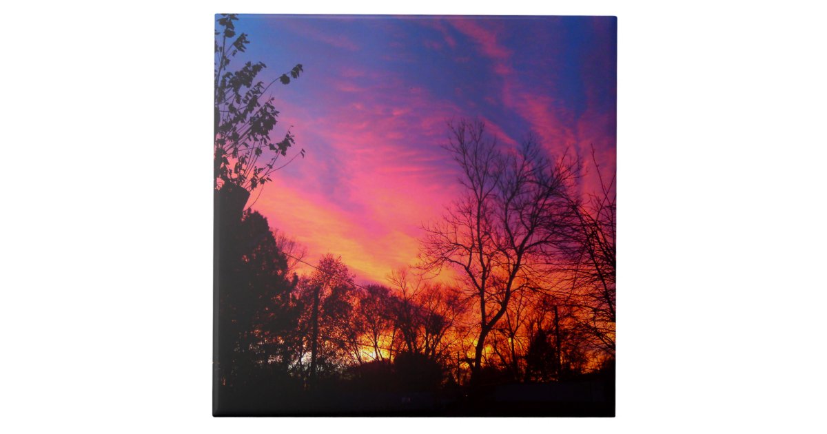 Fiery Sunset through the Trees Tile | Zazzle
