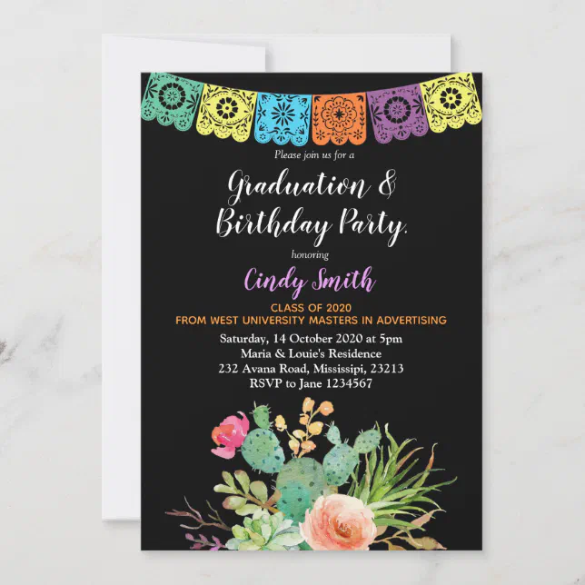 Fiesta cactus Graduation Party Invitation black | Zazzle