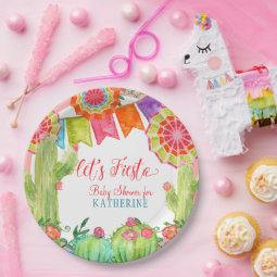 Fiesta Cactus Pink Baby Shower Girl Banner Pennant Paper Plates | Zazzle