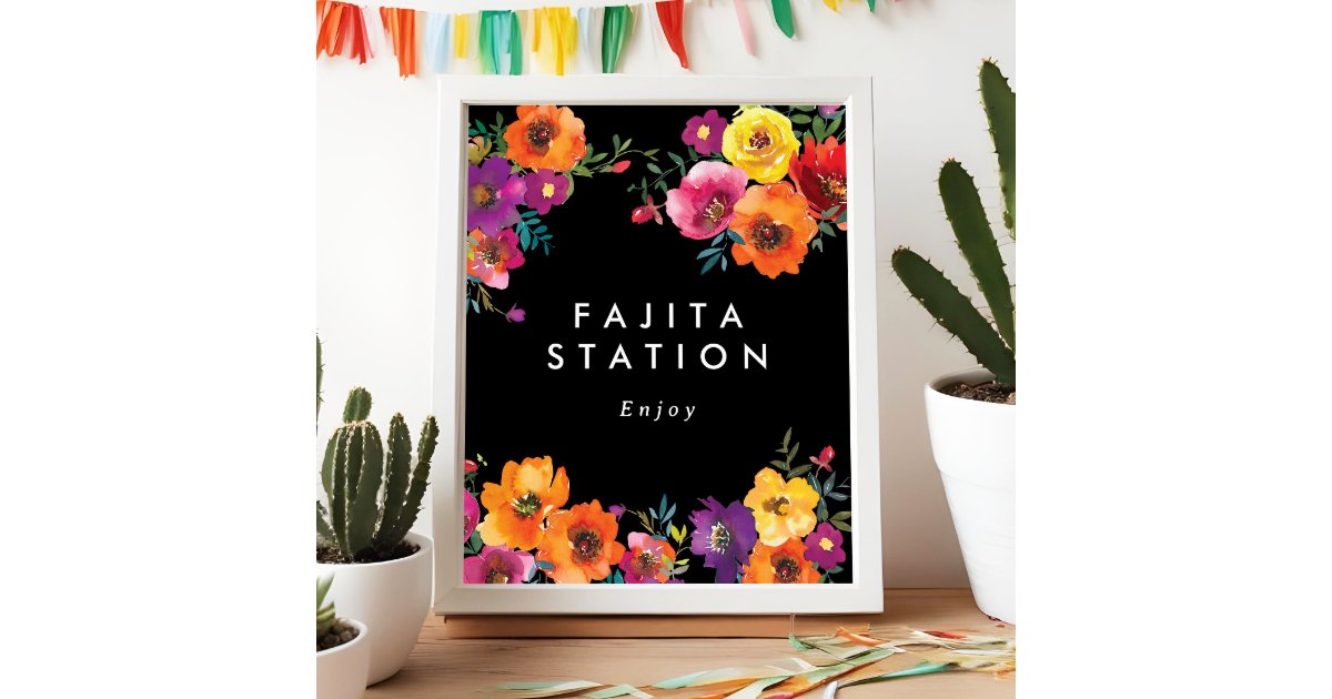 Fiesta Colorful Floral Black Food Station Sign | Zazzle