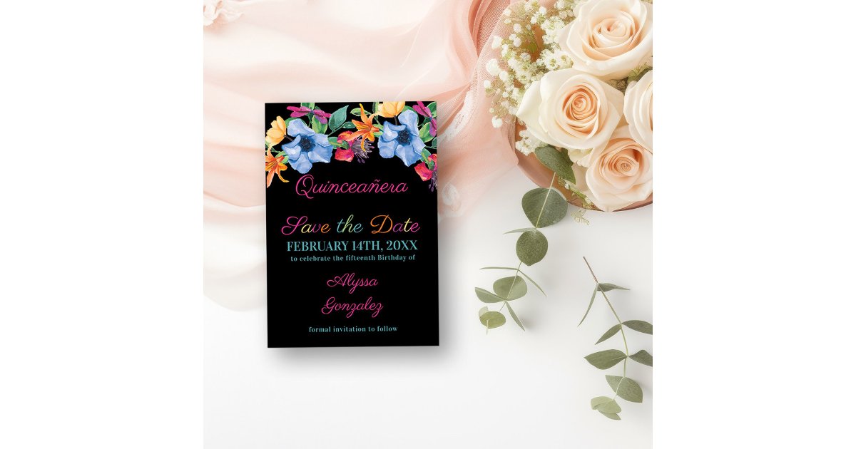 Fiesta Flowers Black Floral Quinceanera Save The Date | Zazzle