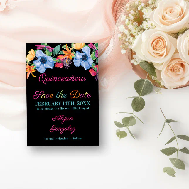 Fiesta Flowers Black Floral Quinceanera Save The Date | Zazzle