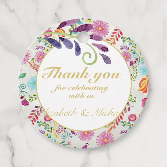 Fiesta Folk Art Watercolor Flowers Purple THANK YO Favor Tags | Zazzle