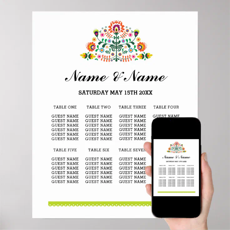 Fiesta Table Plan Wedding Day Poster 8 Seating | Zazzle