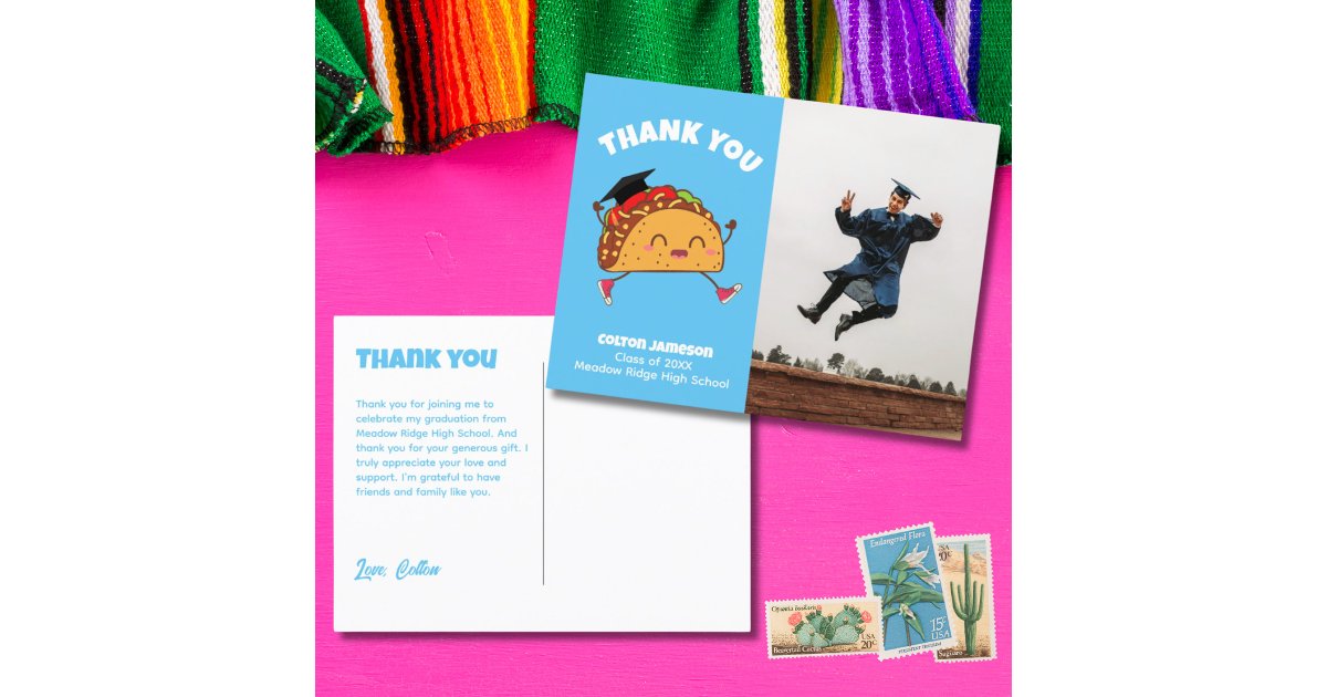 Fiesta Taco Graduation Photo Thank You Postcard | Zazzle
