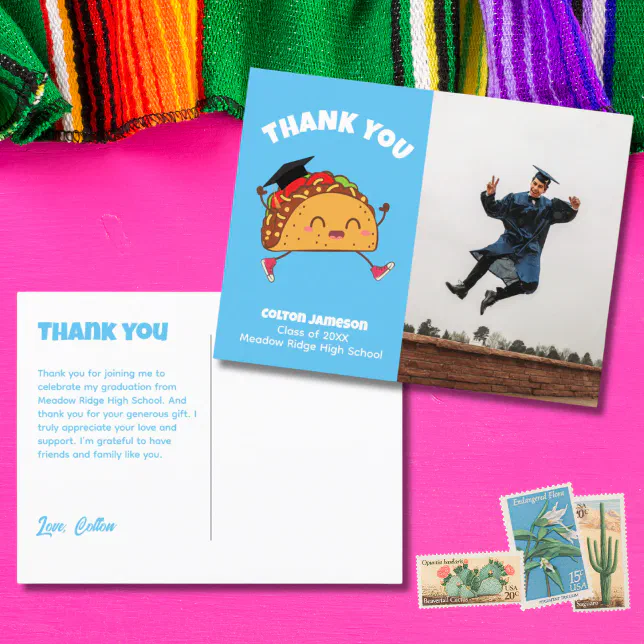 Fiesta Taco Graduation Photo Thank You Postcard | Zazzle