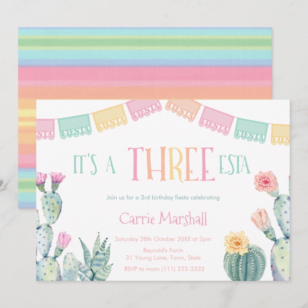 Fiesta Three-Esta 3rd Birthday Party For Girl Invitation | Zazzle