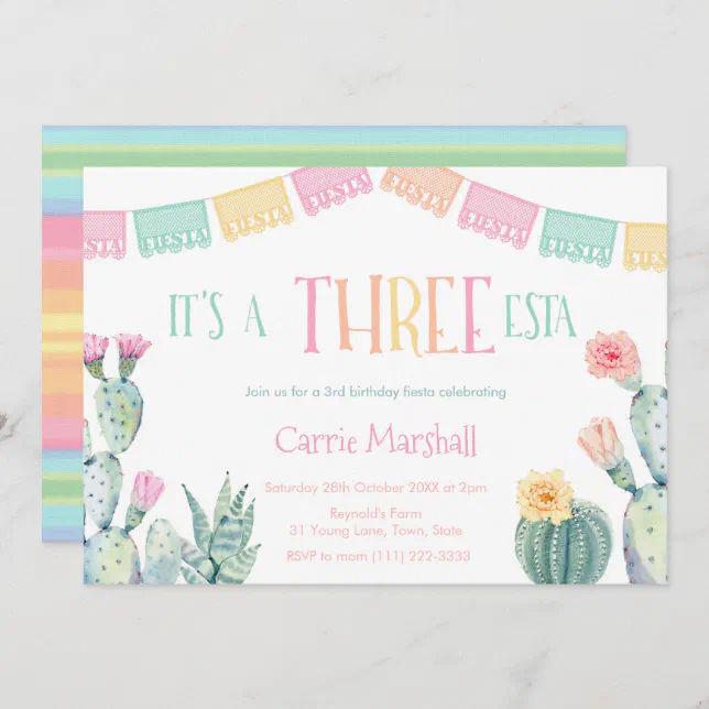 Fiesta Three-Esta 3rd Birthday Party For Girl Invitation | Zazzle