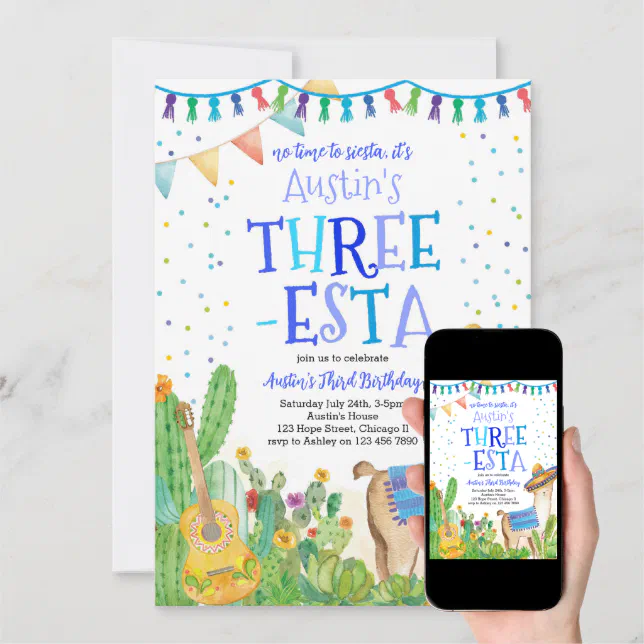 Fiesta Three Esta Boy Blue 3rd Birthday Invitation | Zazzle